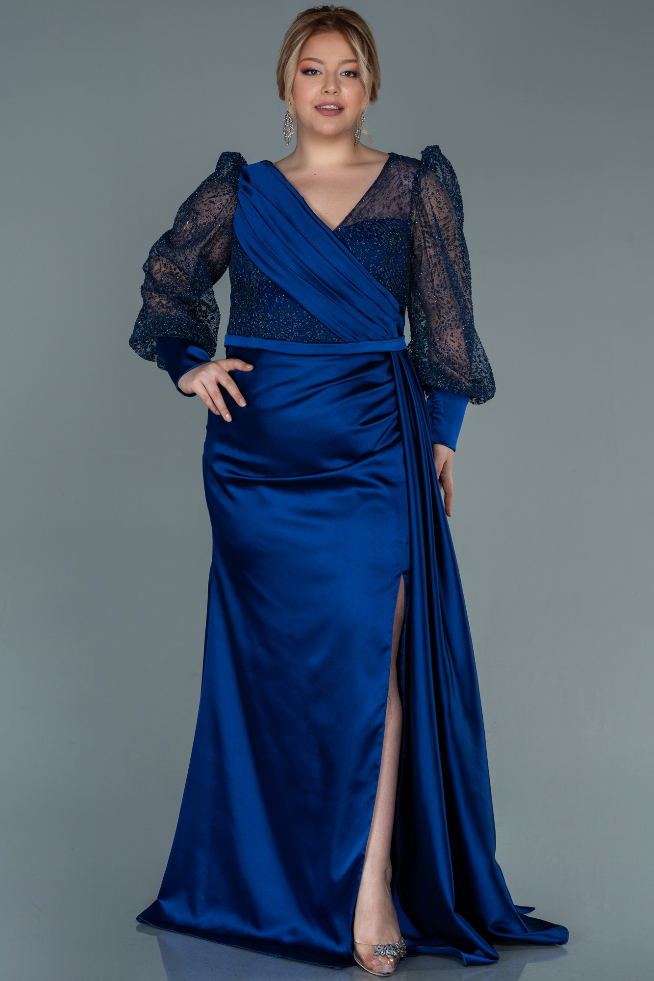 Long Navy Blue Satin Plus Size Evening Dress ABU2759 | Abiyefon.com