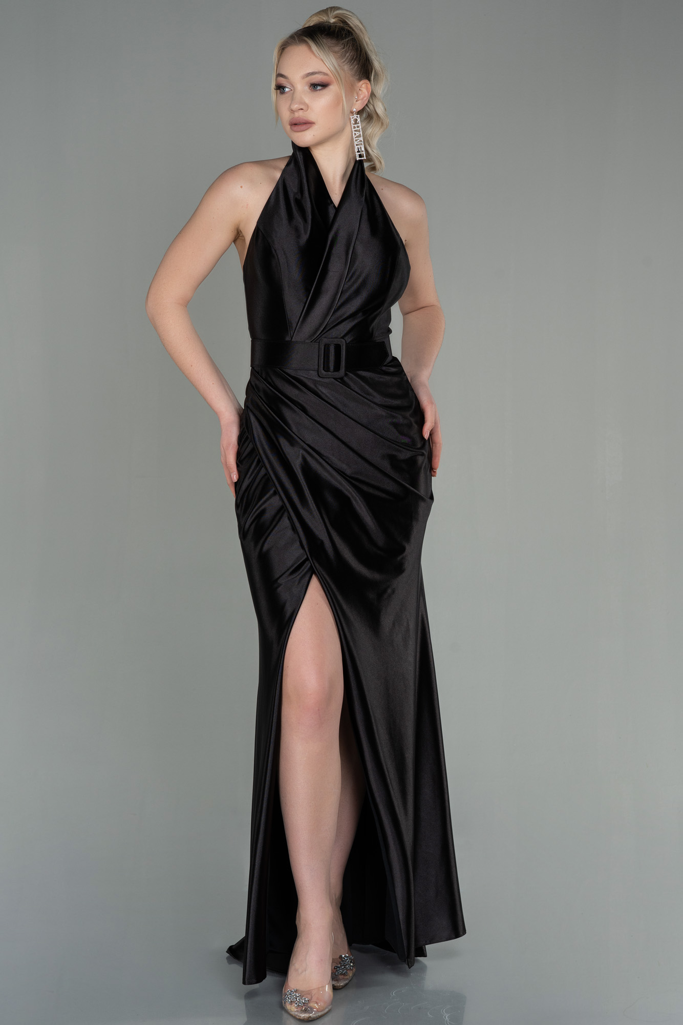 Long Black Satin Prom Gown ABU2908 | Abiyefon.com