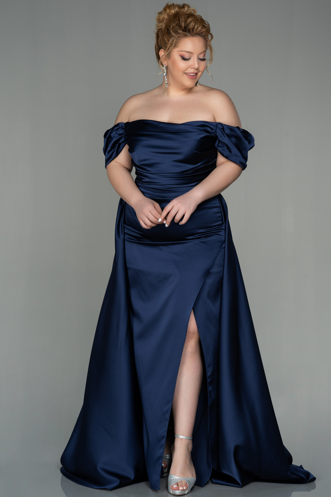 Long Navy Blue Satin Plus Size Evening Dress ABU2923 | Abiyefon.com