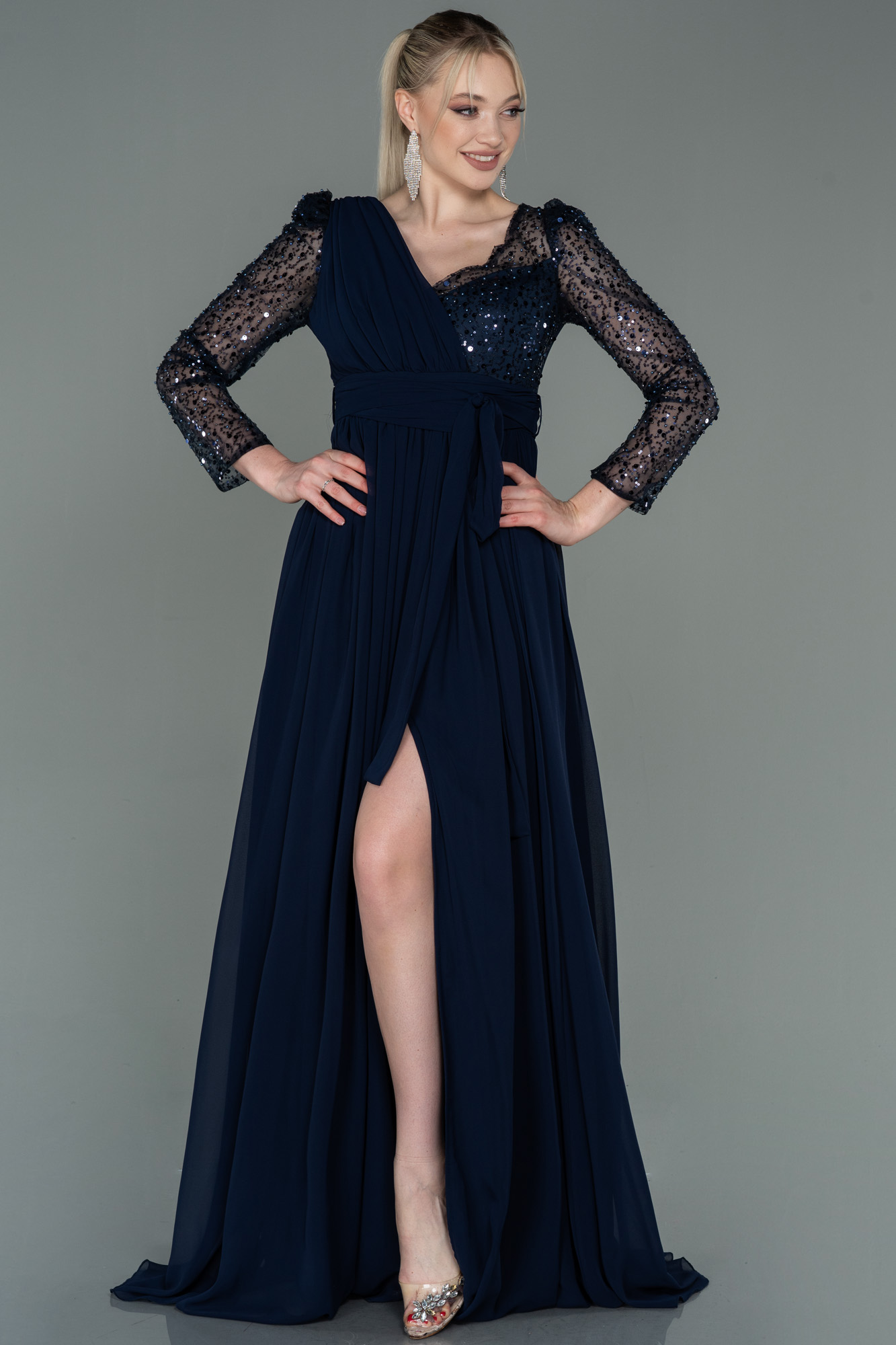 Long Navy Blue Chiffon Evening Dress ABU3185 | Abiyefon.com