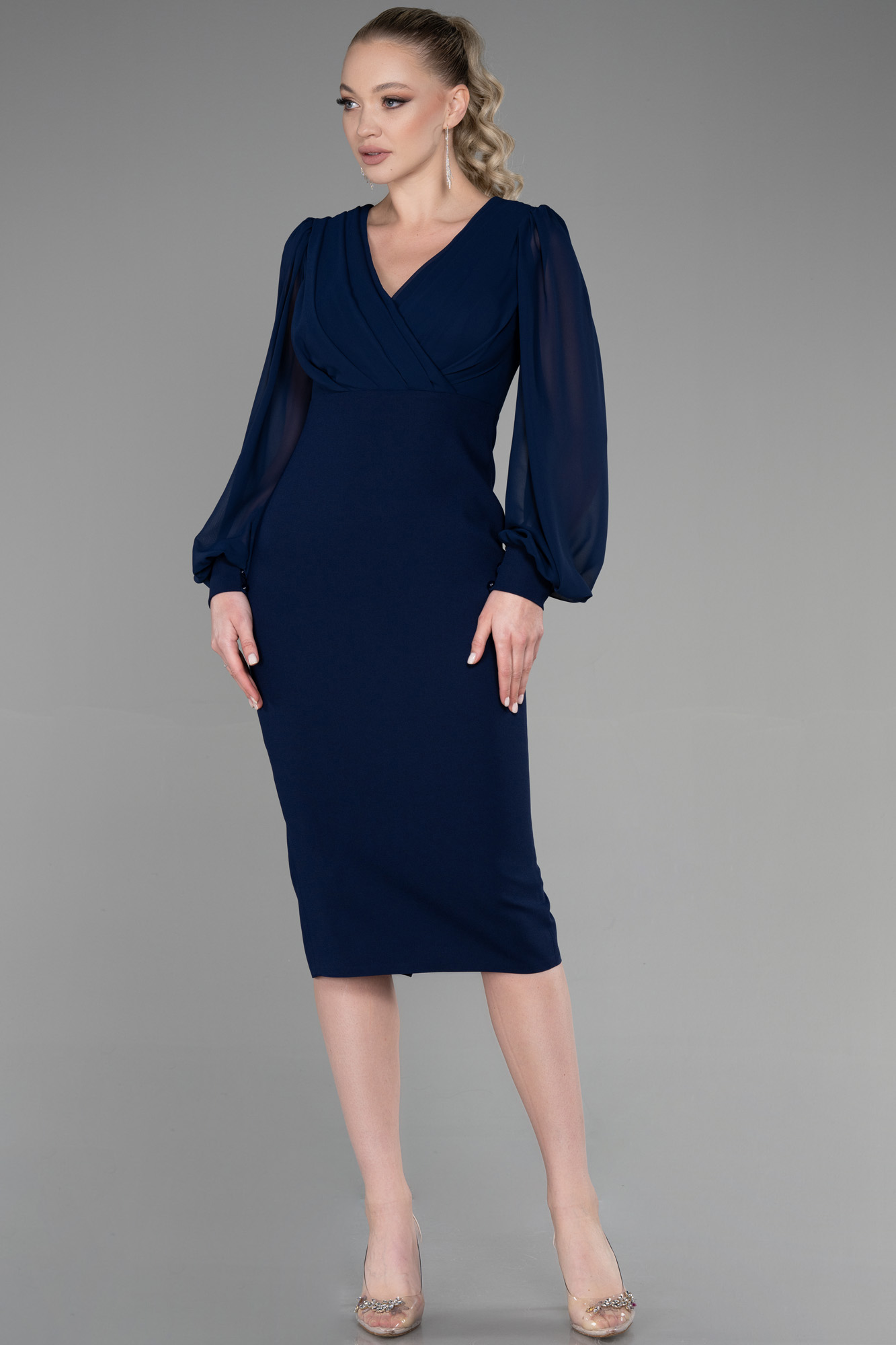 Midi Navy Blue Chiffon Night Dress ABK1884 | Abiyefon.com