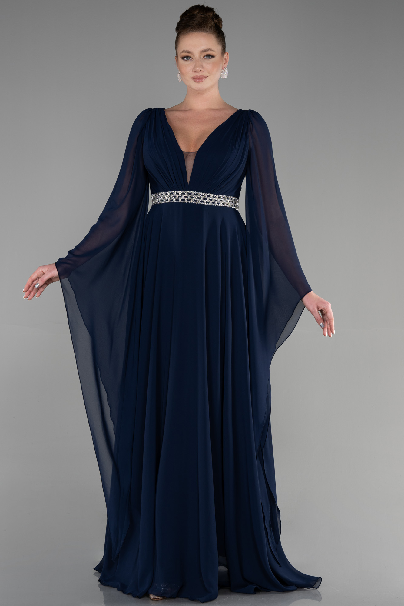 Long Navy Blue Chiffon Evening Dress ABU3541 | Abiyefon.com