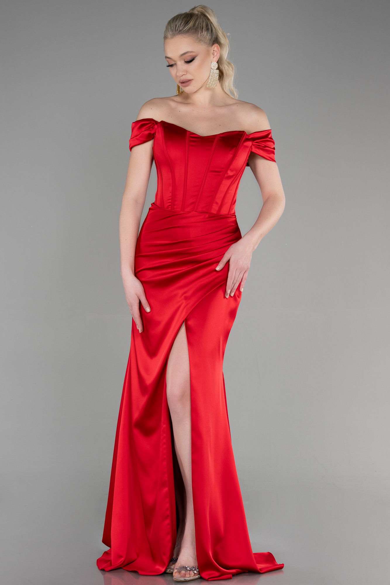 Long Red Satin Prom Gown ABU3640 | Abiyefon.com