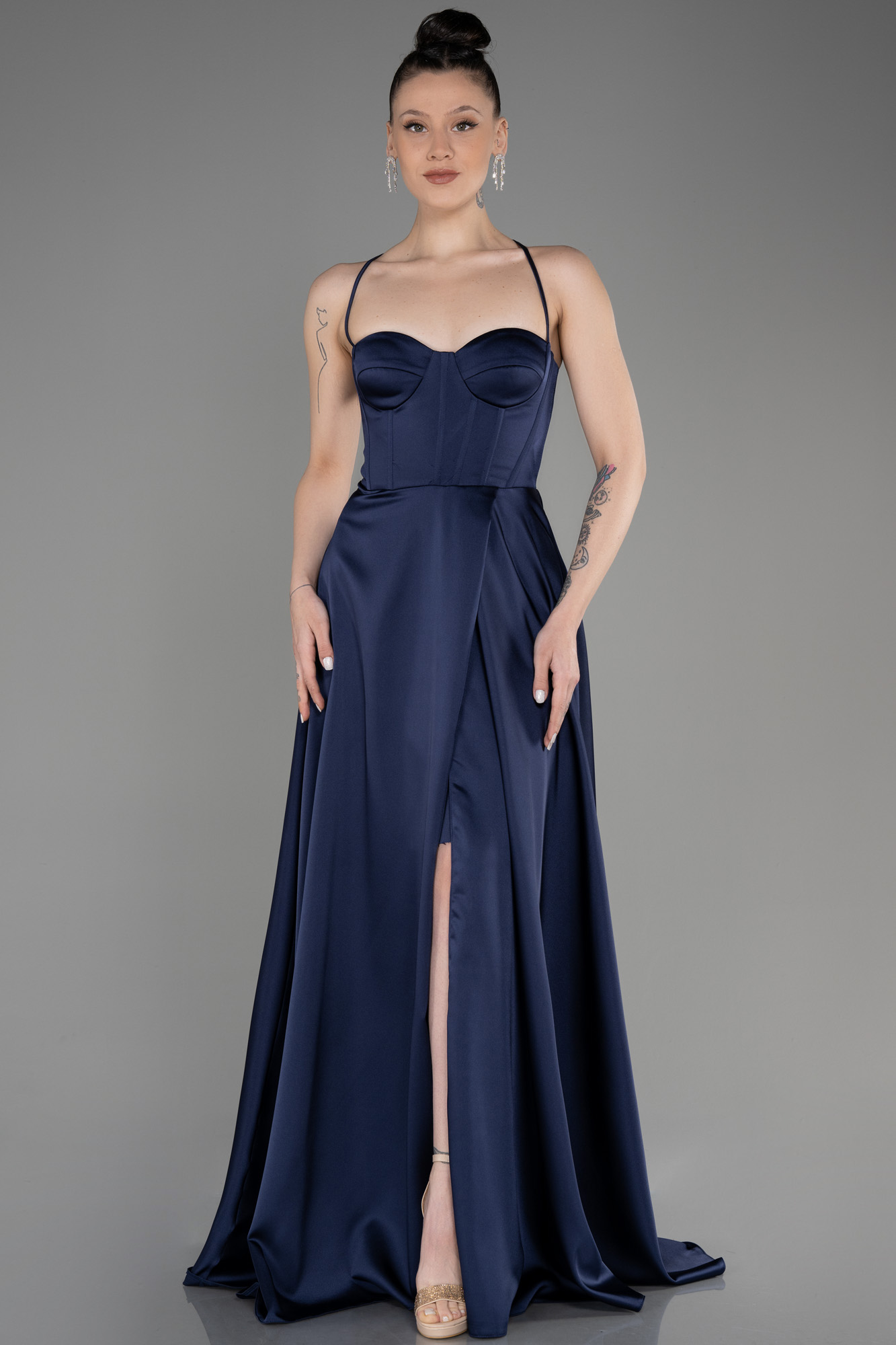 Long Navy Blue Satin Prom Gown ABU3809 | Abiyefon.com
