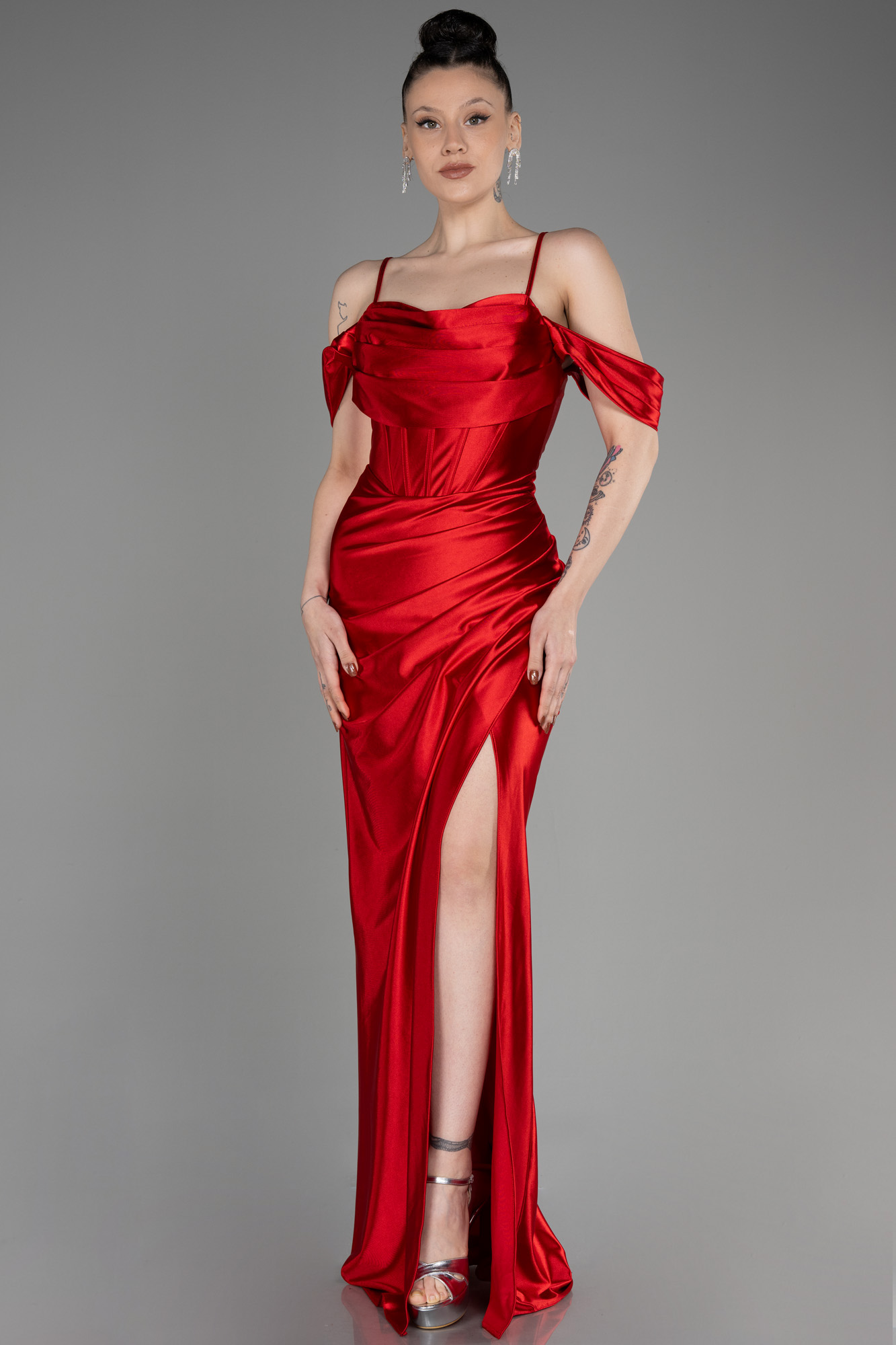 Red Slit Long Satin Evening Dress ABU3840 | Abiyefon.com