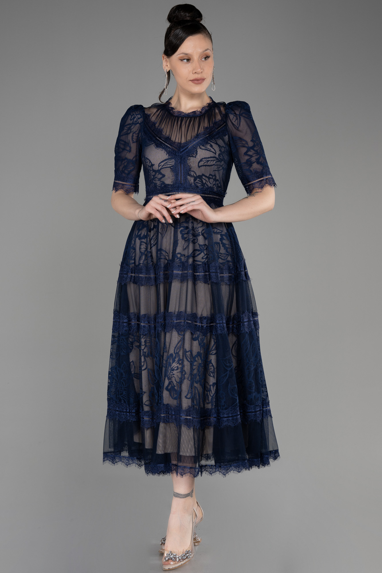 Navy Blue Midi Dantelle Night Dress ABK1388 | Abiyefon.com
