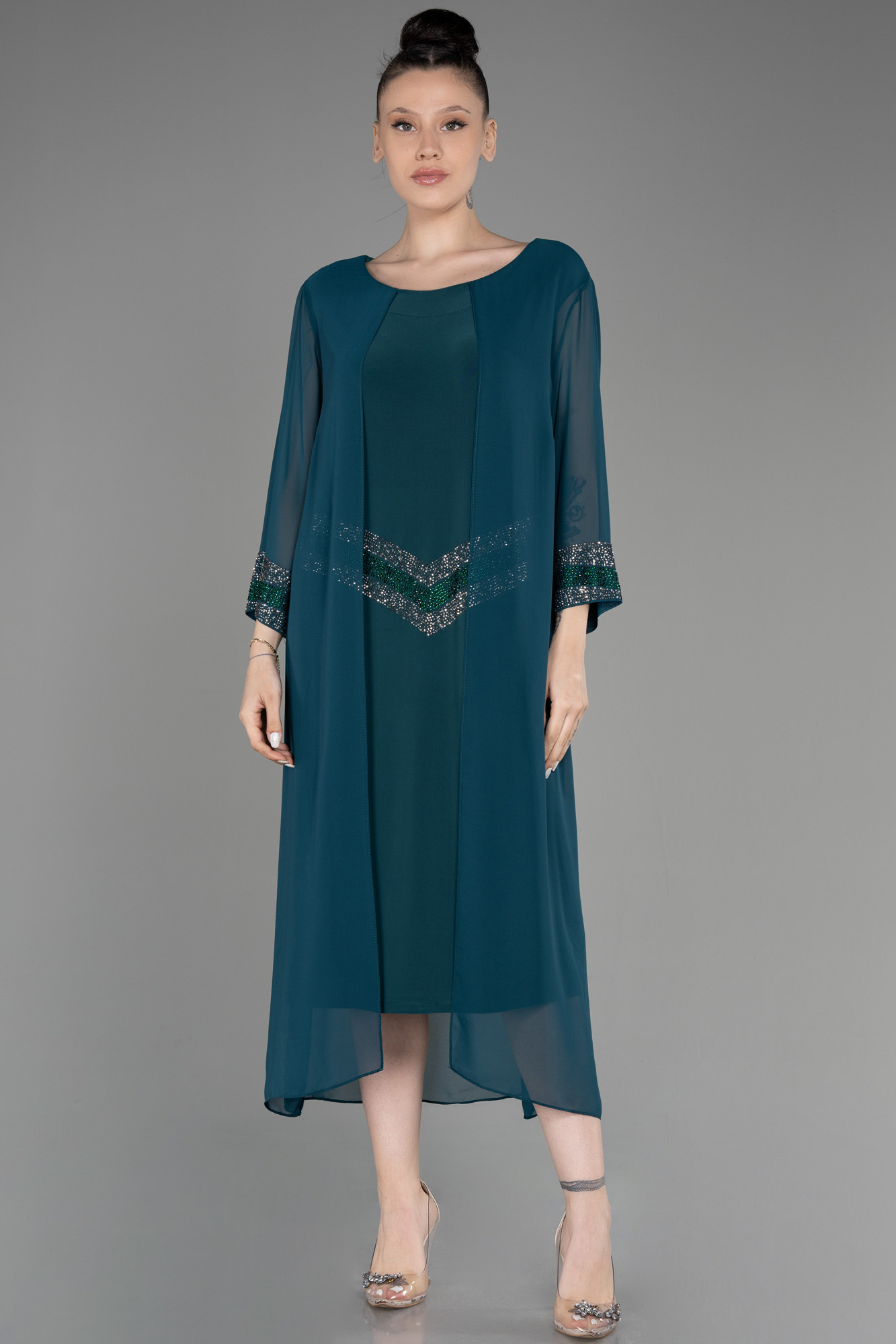Emerald Green Capri Sleeve Midi Chiffon Plus Size Invitation Dress ...