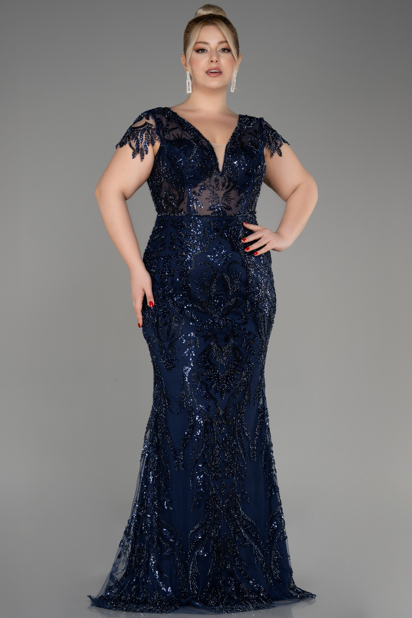 Navy Blue Short Sleeve Stone Long Evening Gown ABU3916 | Abiyefon.com