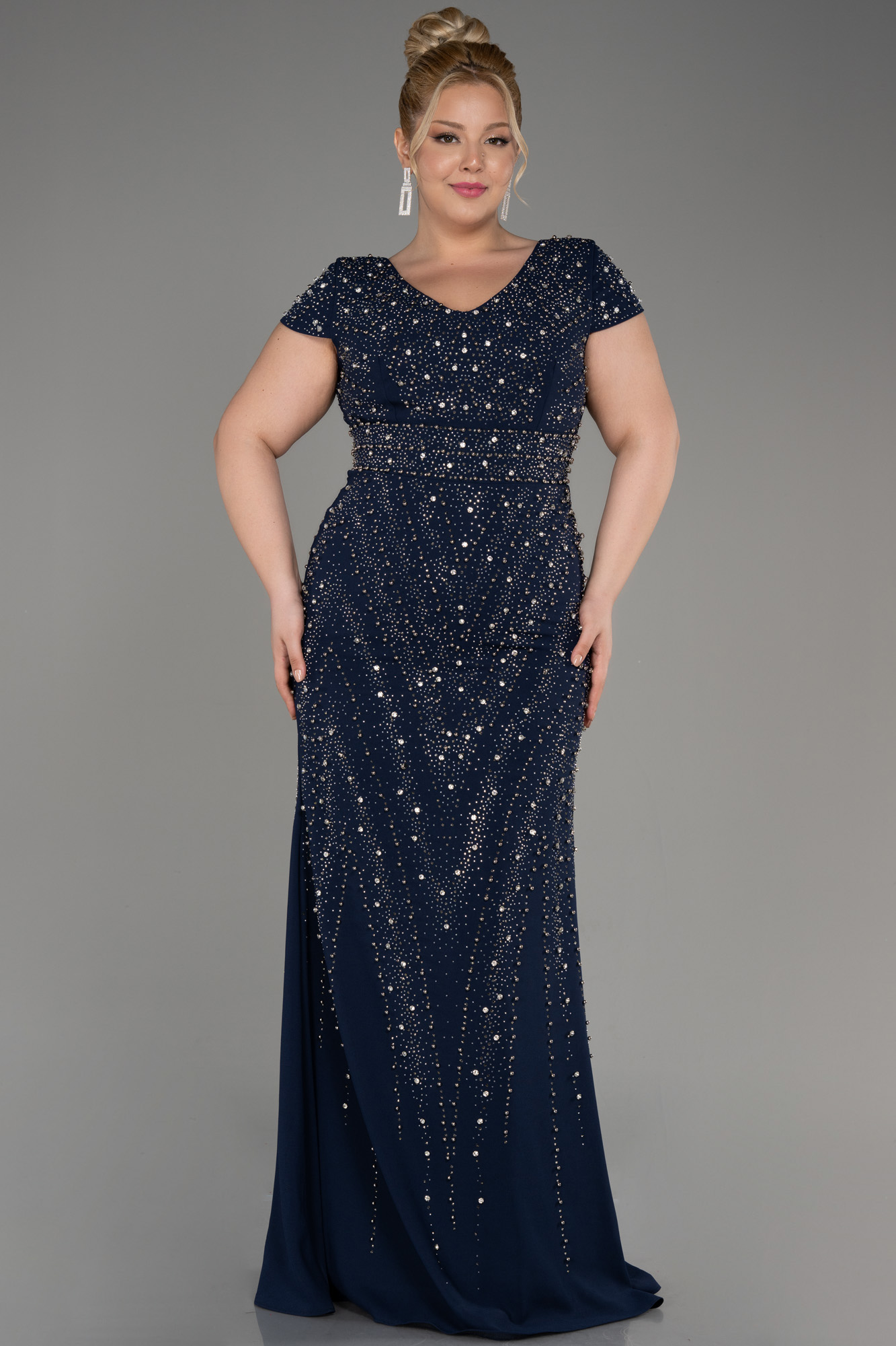 Navy Blue Short Sleeve Stone Long Plus Size Evening Gown ABU3990 ...