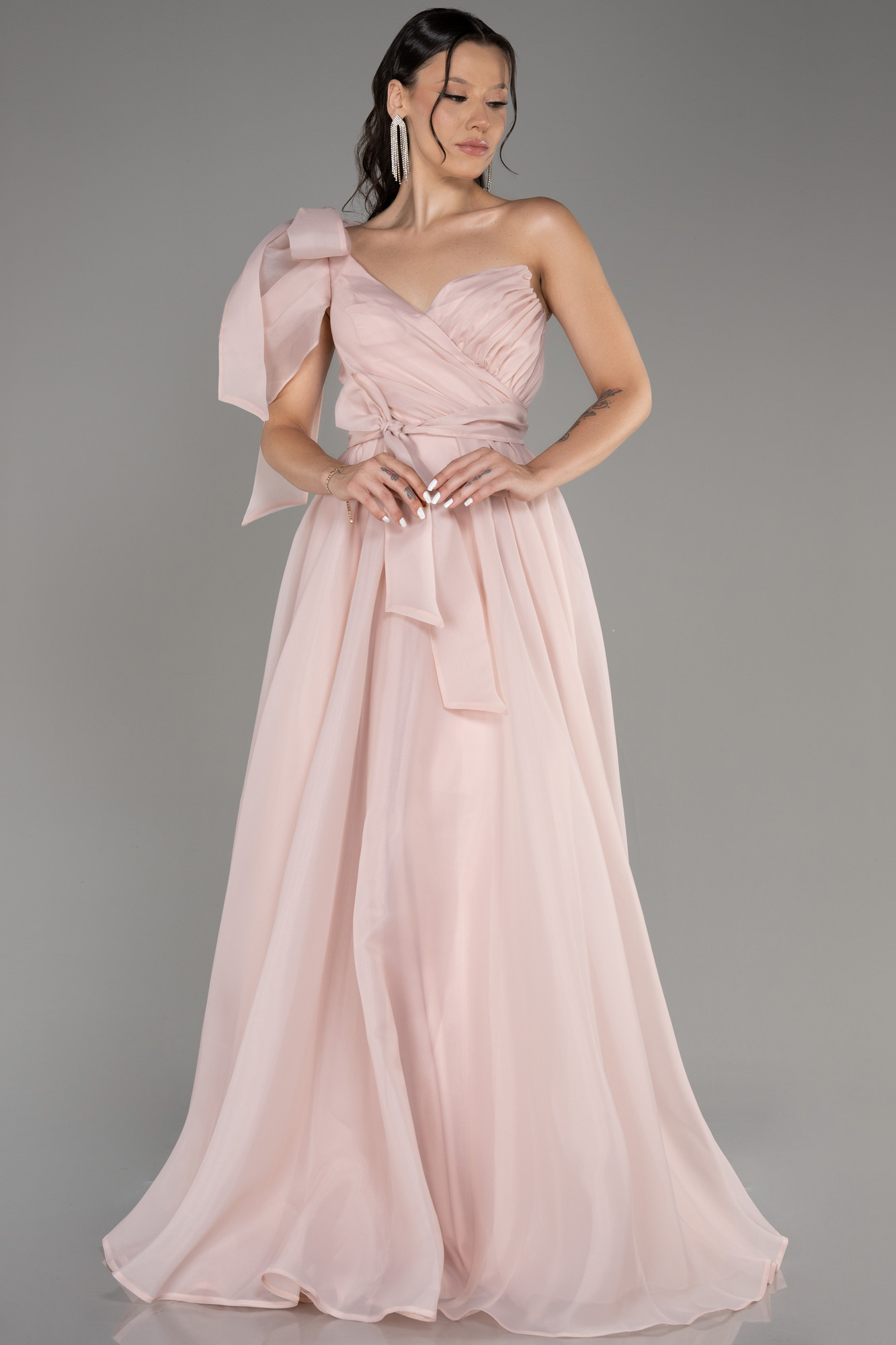 Powder Color One Shoulder Long Ball Gown Dress ABU3984 | Abiyefon.com