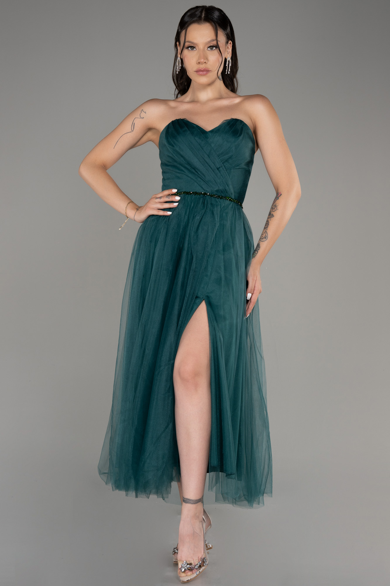 Emerald Green Strapless Slit Midi Cocktail Dress ABK2099 | Abiyefon.com