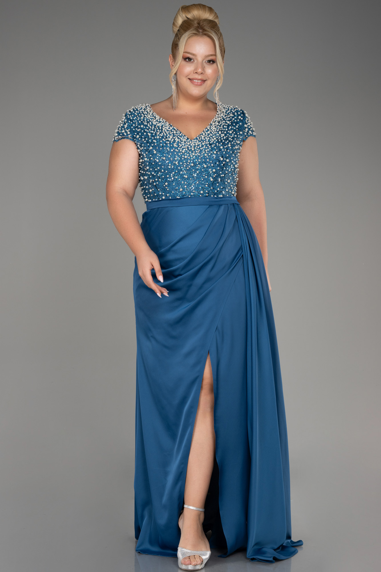 Oil Green Slit Beaded Long Satin Plus Size Evening Gown ABU4053 ...