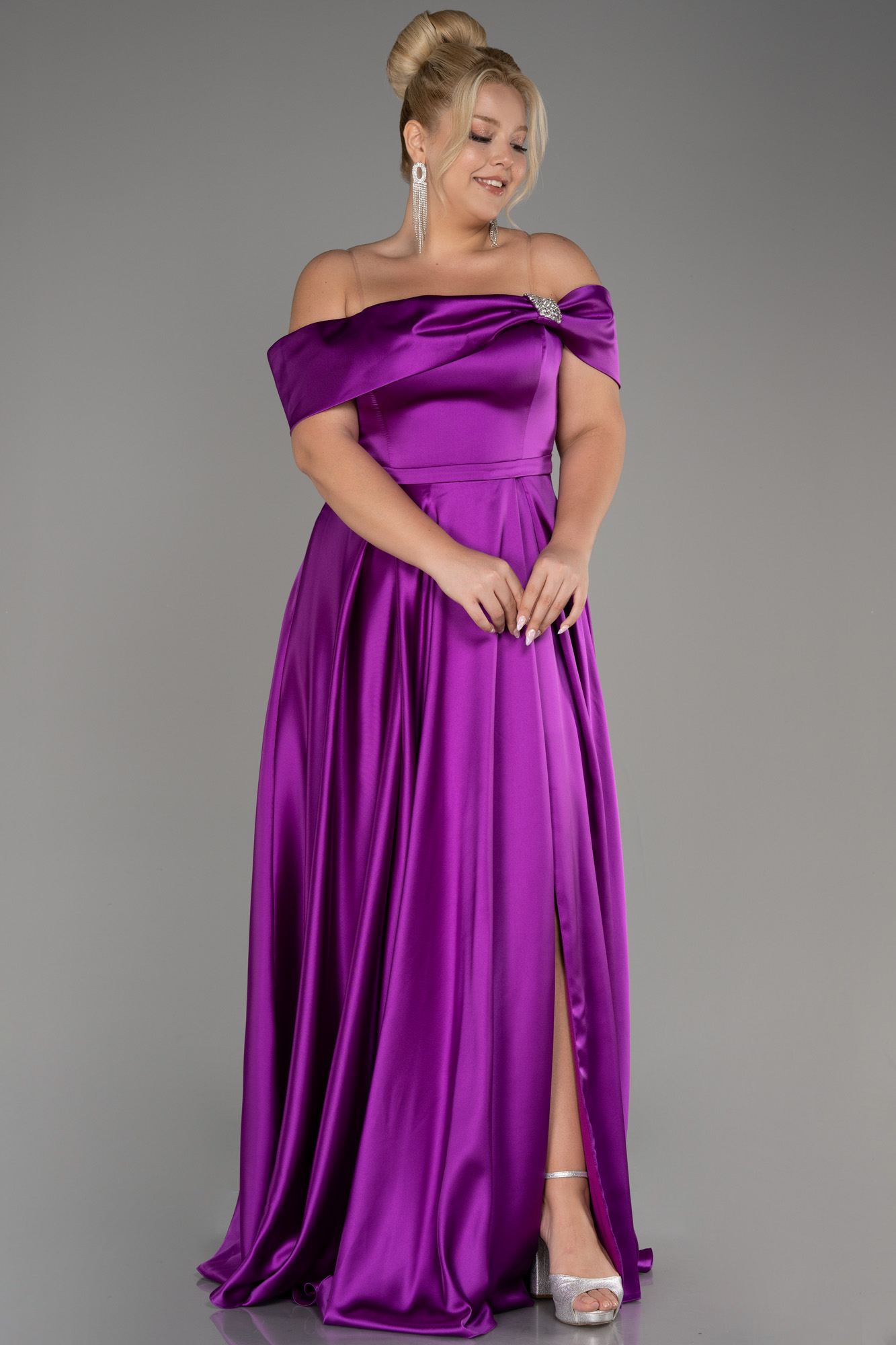 Violet Boat Neck Satin Plus Size Evening Dress ABU4054 | Abiyefon.com