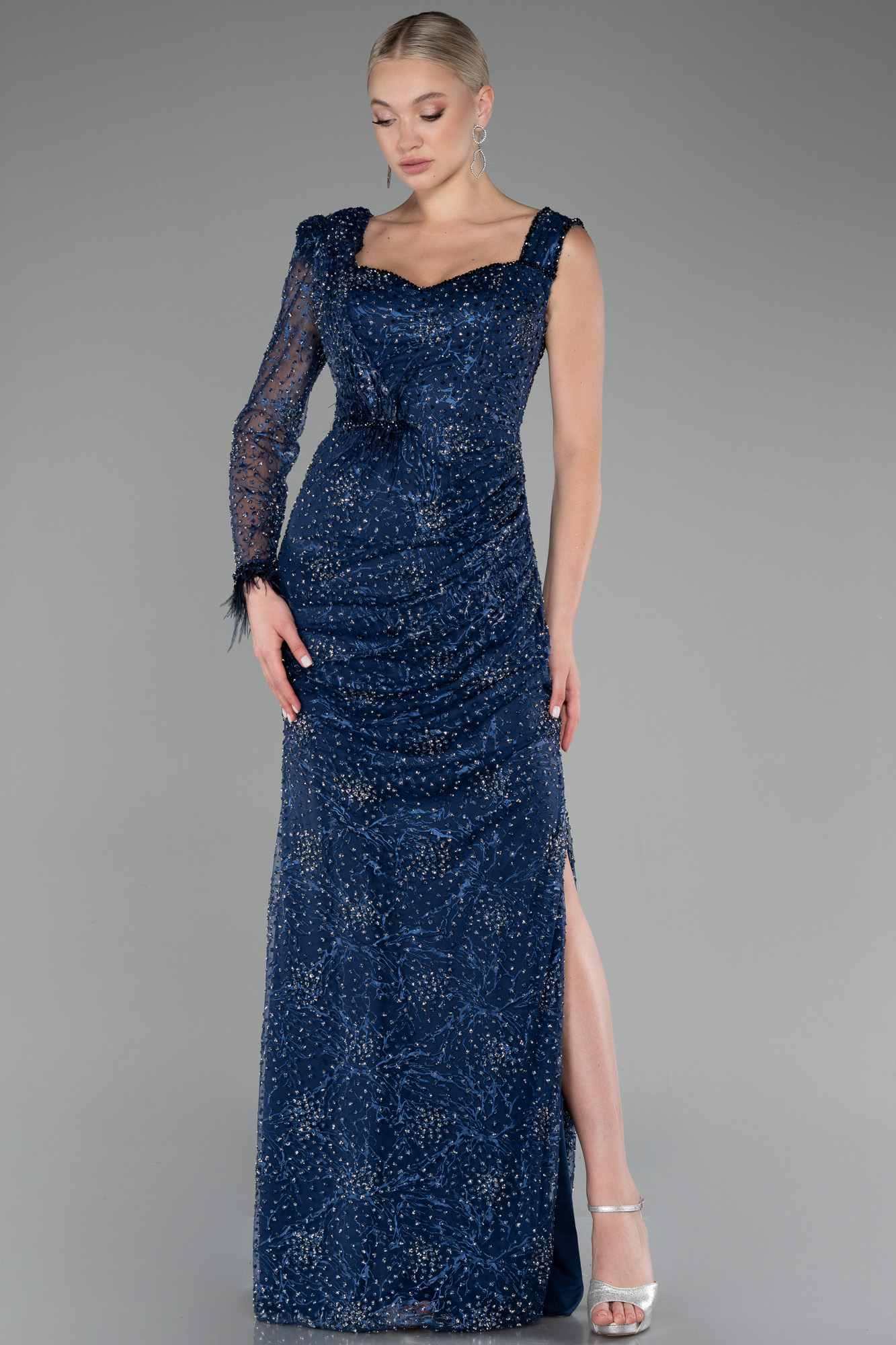 Navy Blue One Sleeve Slit Glittery Long Evening Gown ABU4062 | Abiyefon.com