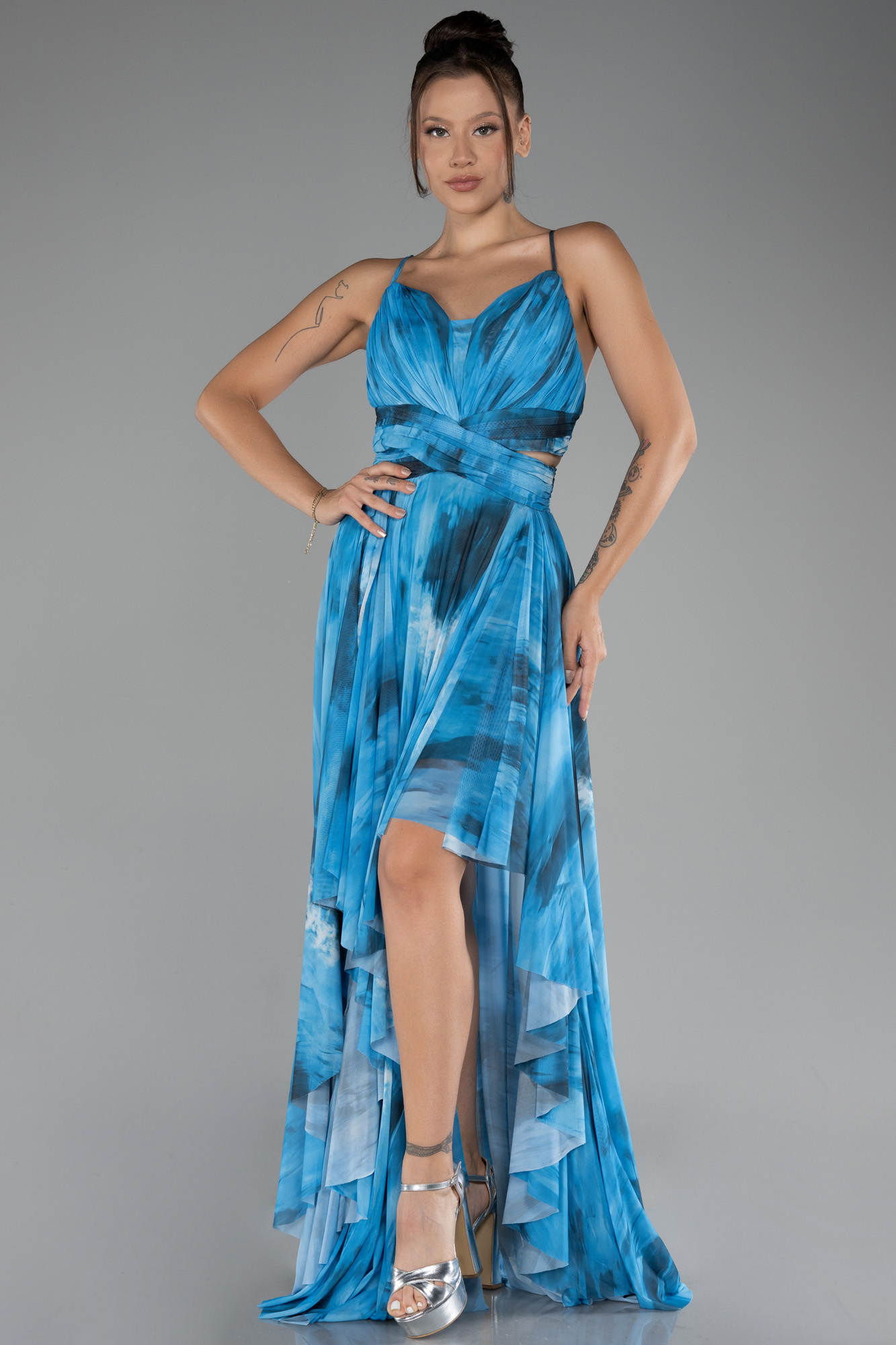 Blue Slit Long Printed Prom Dress ABU4168 | Abiyefon.com