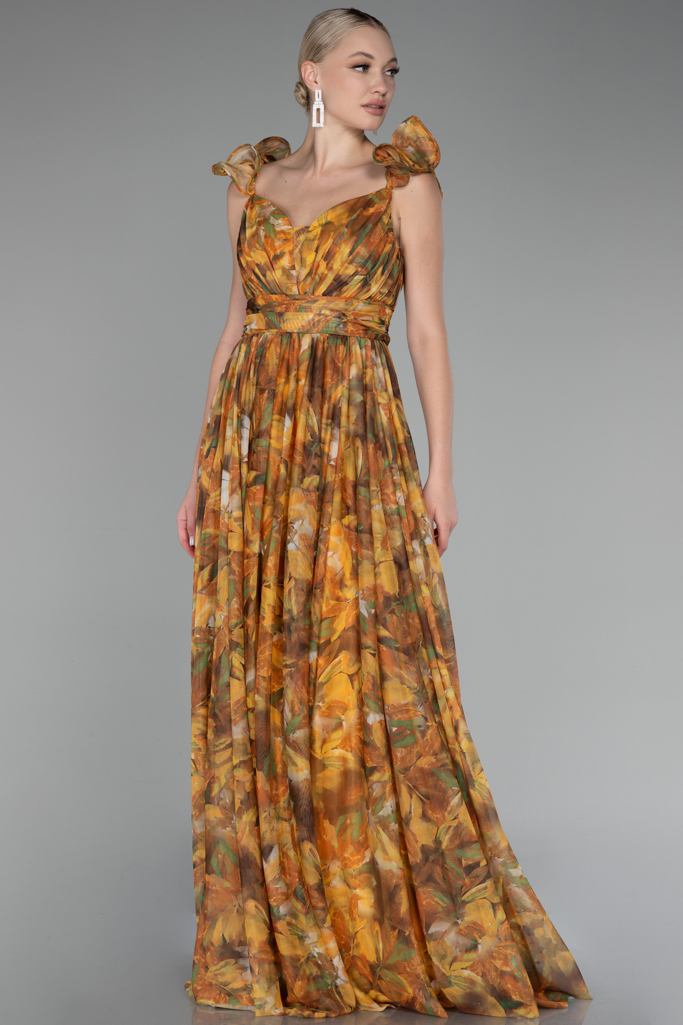 Mustard Strappy Floral Long Prom Dress ABU4134 | Abiyefon.com