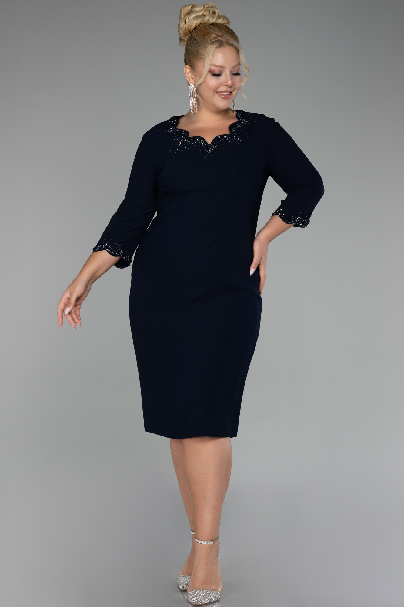 Navy Blue Capri Sleeve Midi Plus Size Evening Dress ABK2095 | Abiyefon.com