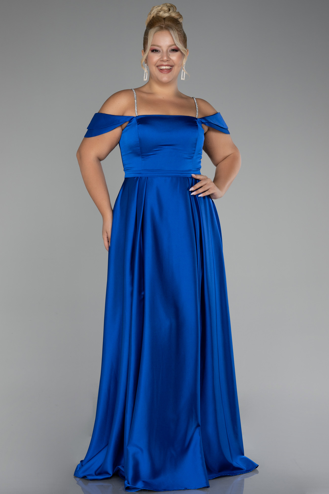 Sax Blue Boat Neck Long Satin Plus Size Prom Dress ABU4125 | Abiyefon.com