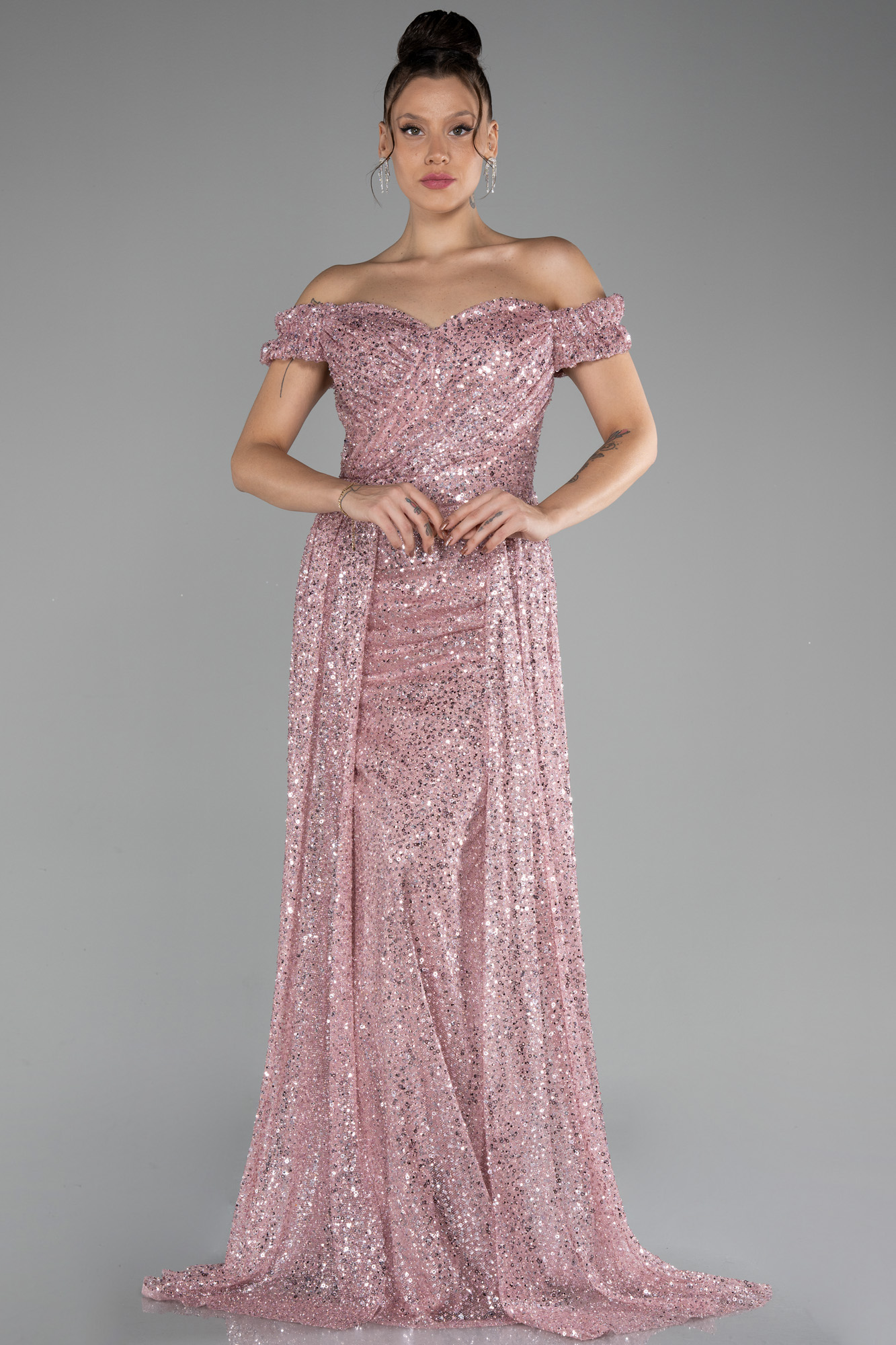 Powder Color Boat Neck Tail Long Stone Evening Gown ABU4224 | Abiyefon.com