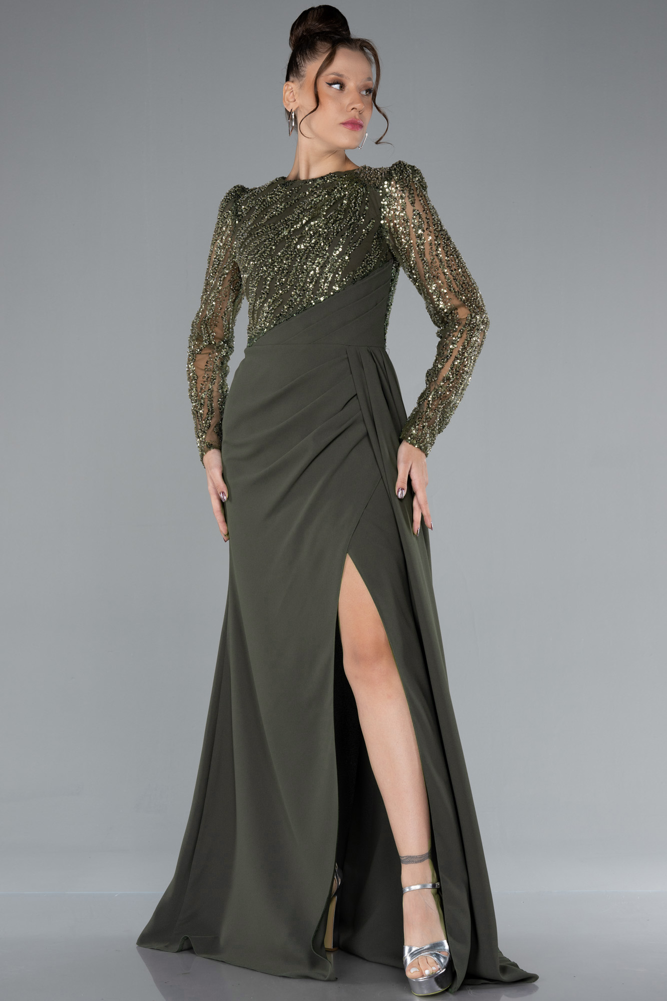 Olive Drab Stoned Long Sleeve Slit Evening Gown ABU4310 | Abiyefon.com