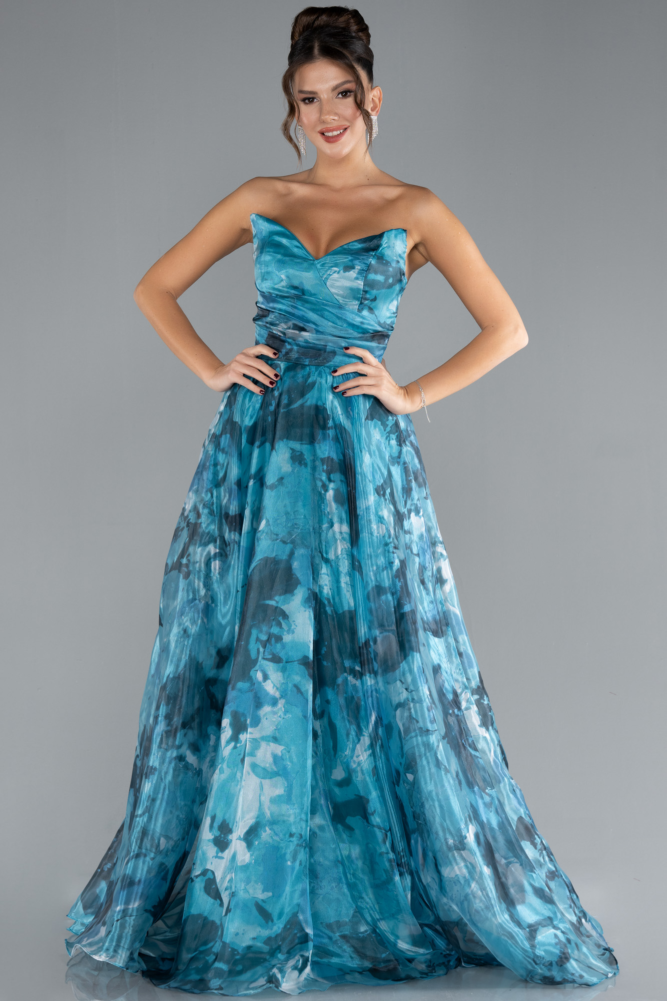 Oil Green Strapless Long Patterned Prom Gown ABU5028 | Abiyefon.com