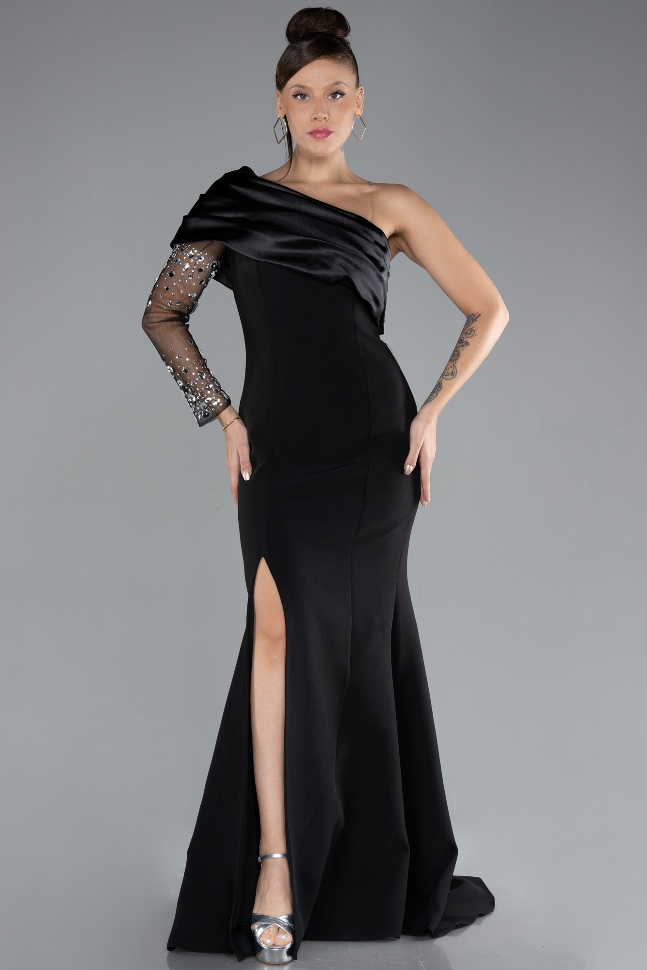 Black Stoned Single Sleeve Slit Long Mermaid Prom Dress ABU4350 ...
