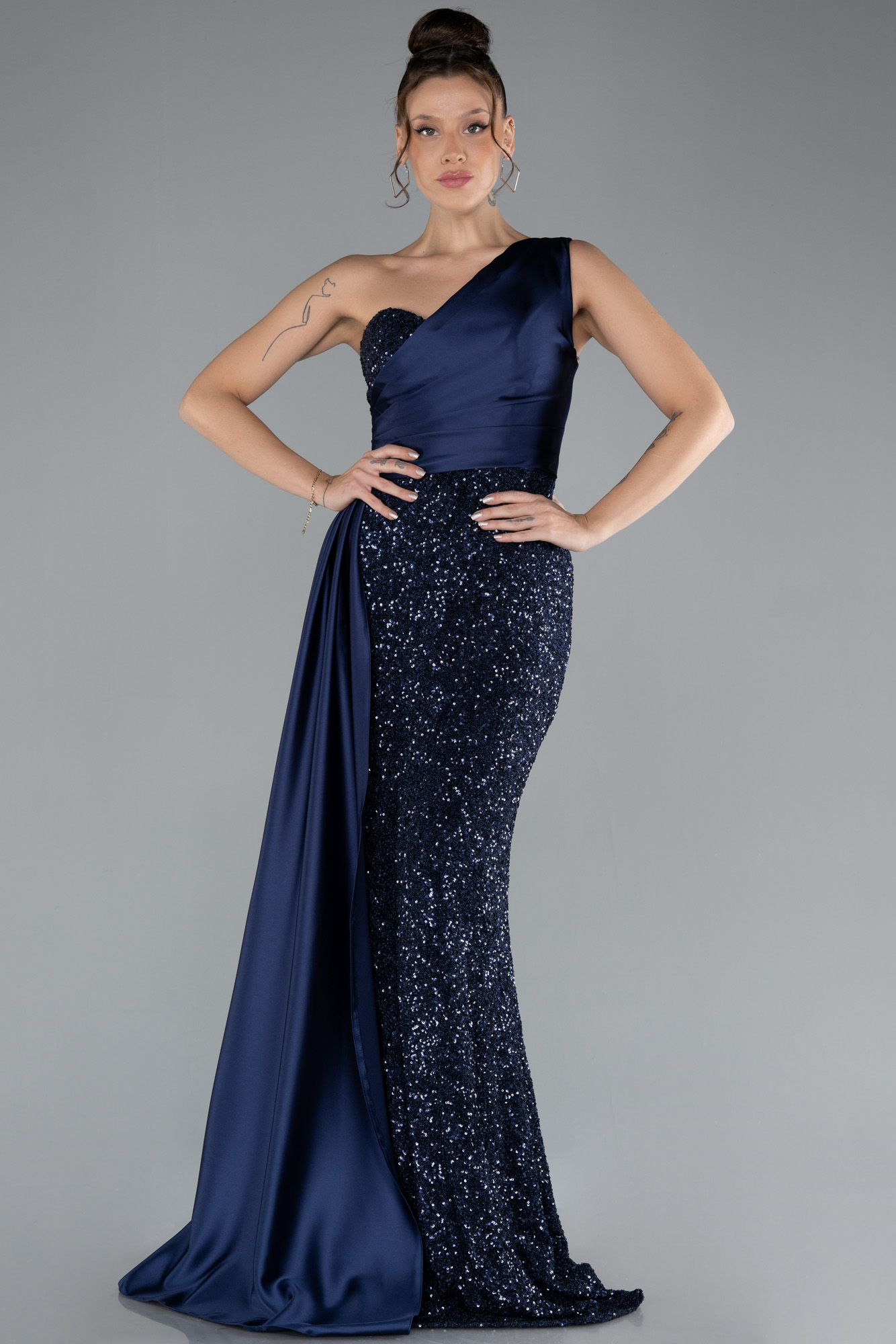 Navy Blue One Sleeve Long Sequined Evening Gown ABU4378 | Abiyefon.com