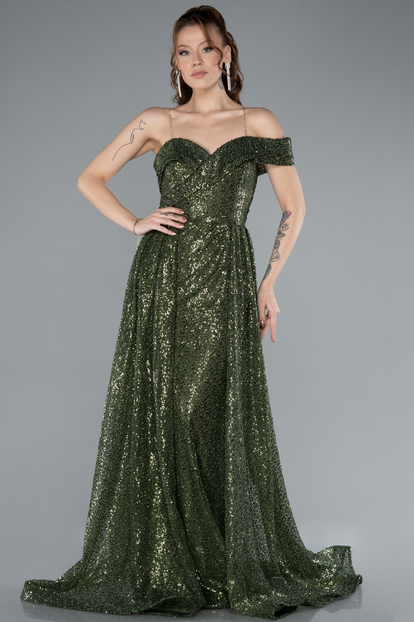 Olive Drab One Shoulder Taıled Sequined Long Evening Gown ABU4691 ...