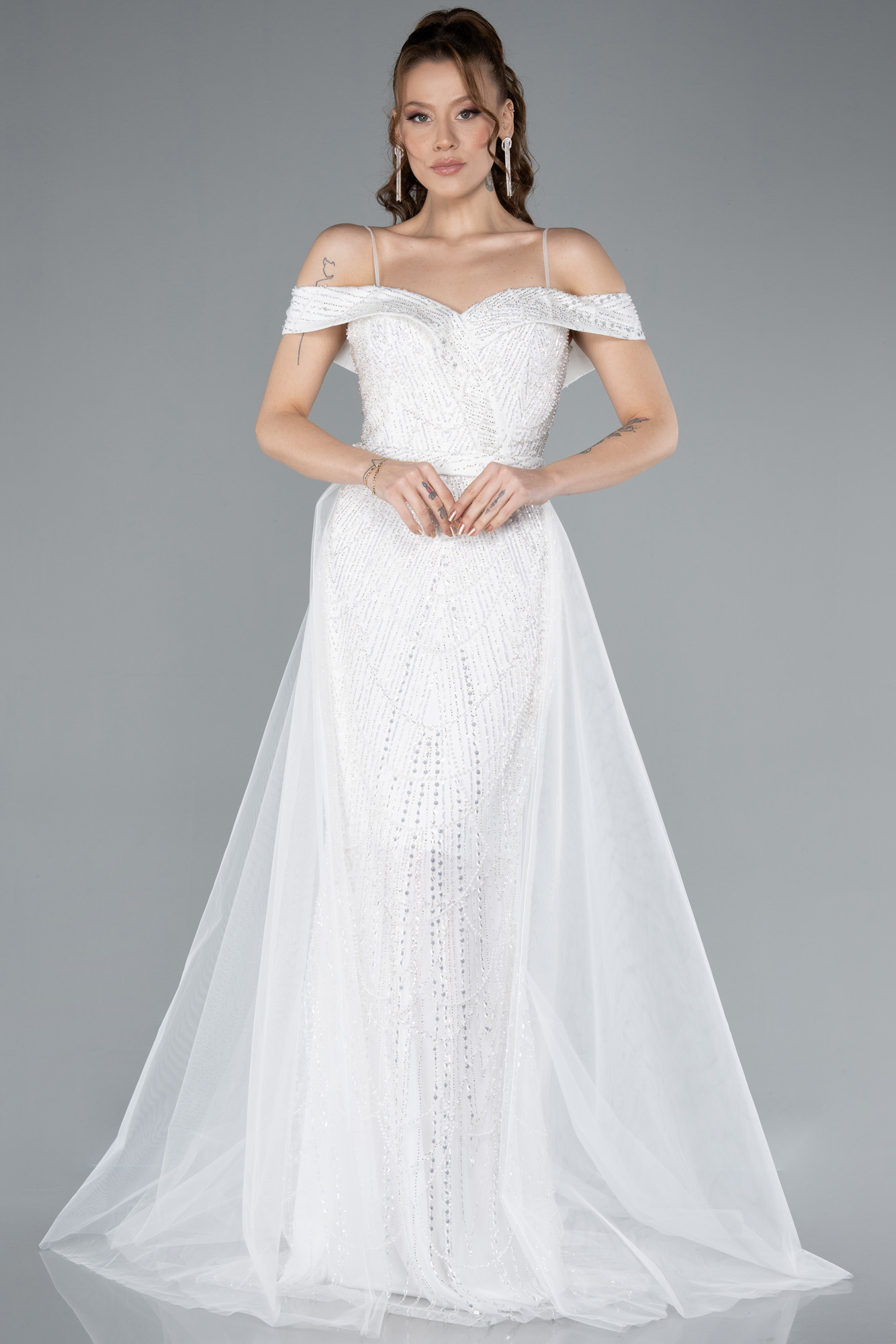 White Off The Shoulder Tail Accessory Long Sequined Evening Gown ...