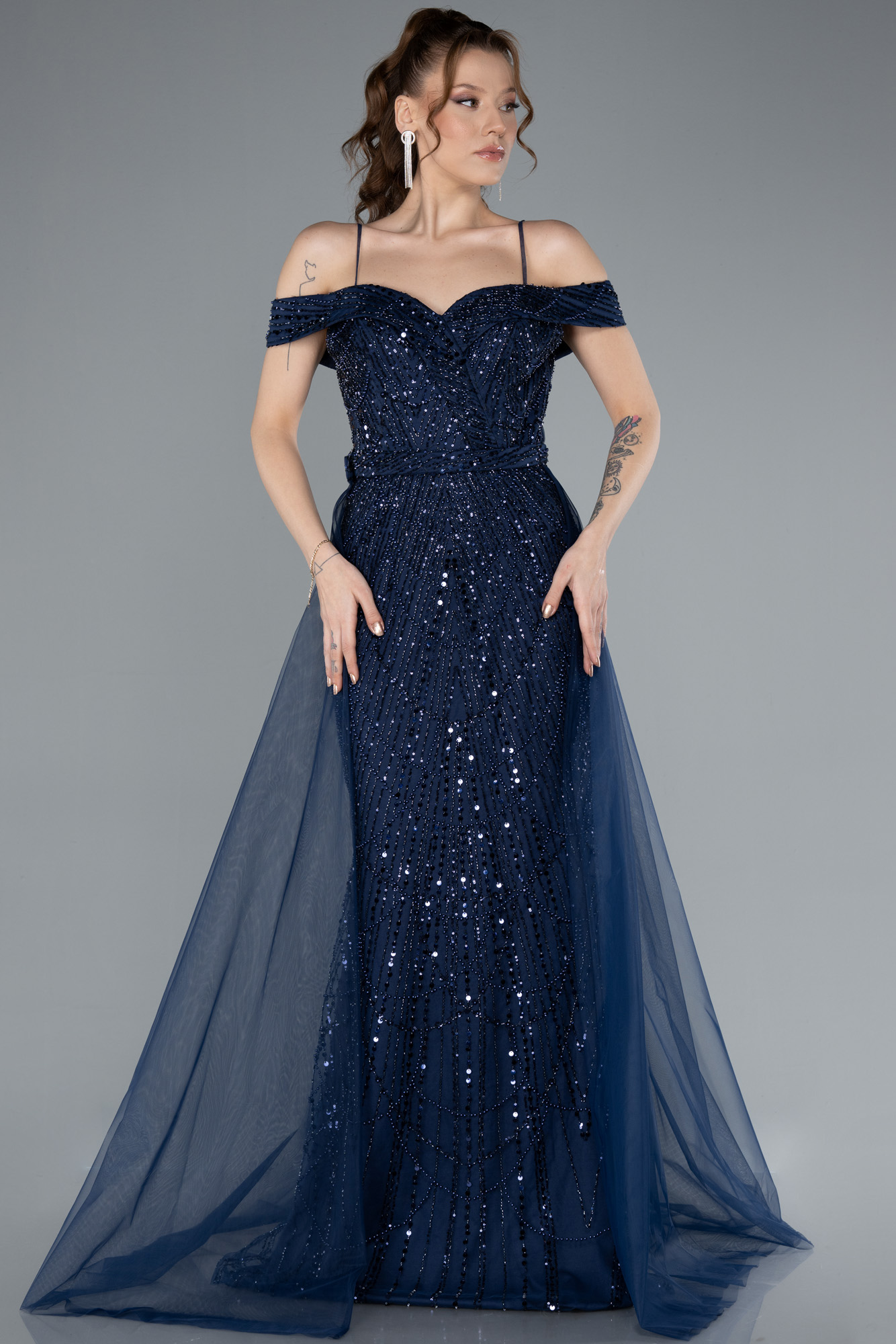 Navy Blue Off The Shoulder Tail Accessory Long Sequined Evening Gown ...