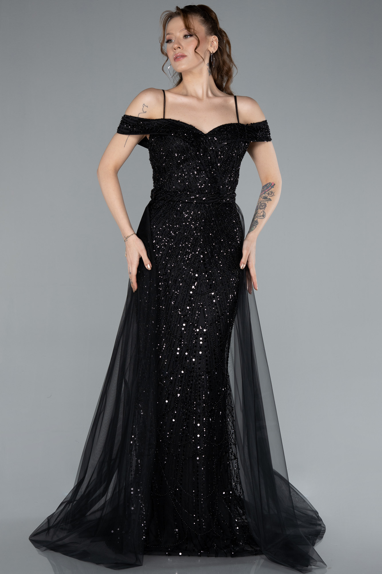 Black Off The Shoulder Tail Accessory Long Sequined Evening Gown ...