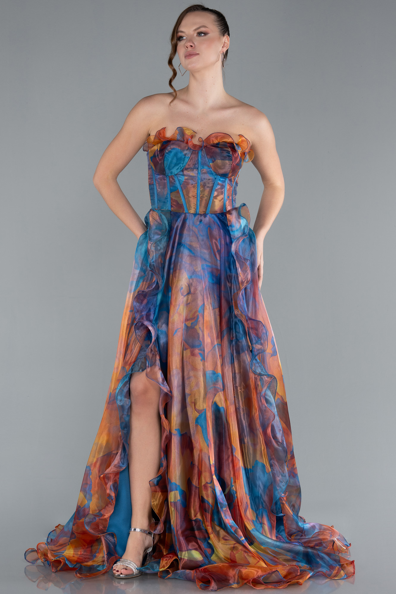 Oil Blue Strapless Printed Slit Long Prom Gown ABU4734 | Abiyefon.com