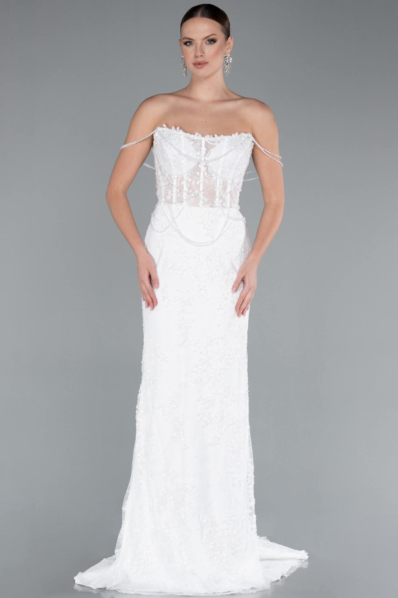 White Beaded Long Fish Model Wedding Dress ABG035 | Abiyefon.com