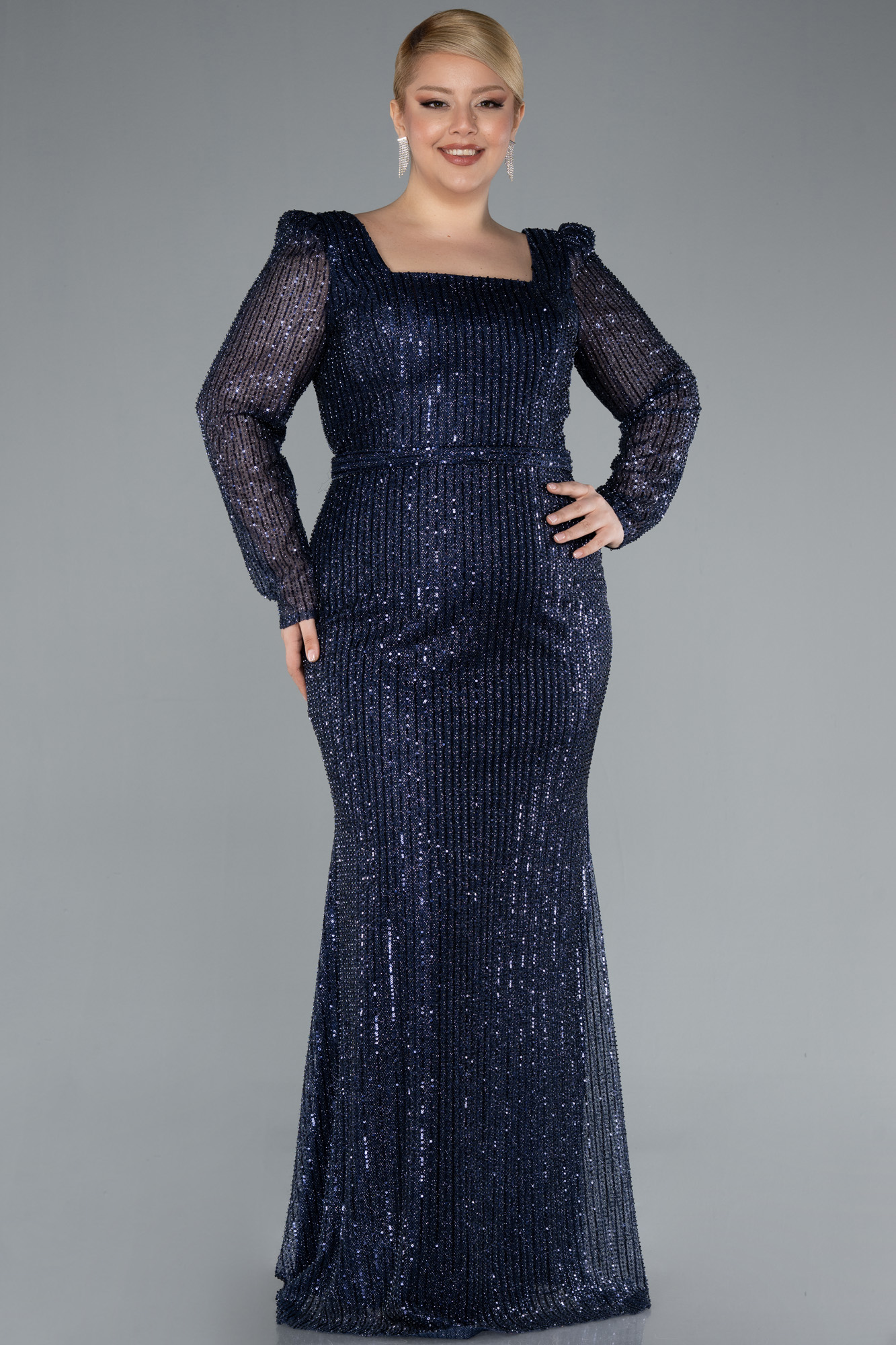 Navy Blue Square Neck Beaded Long Plus Size Evening Gown ABU4805 ...
