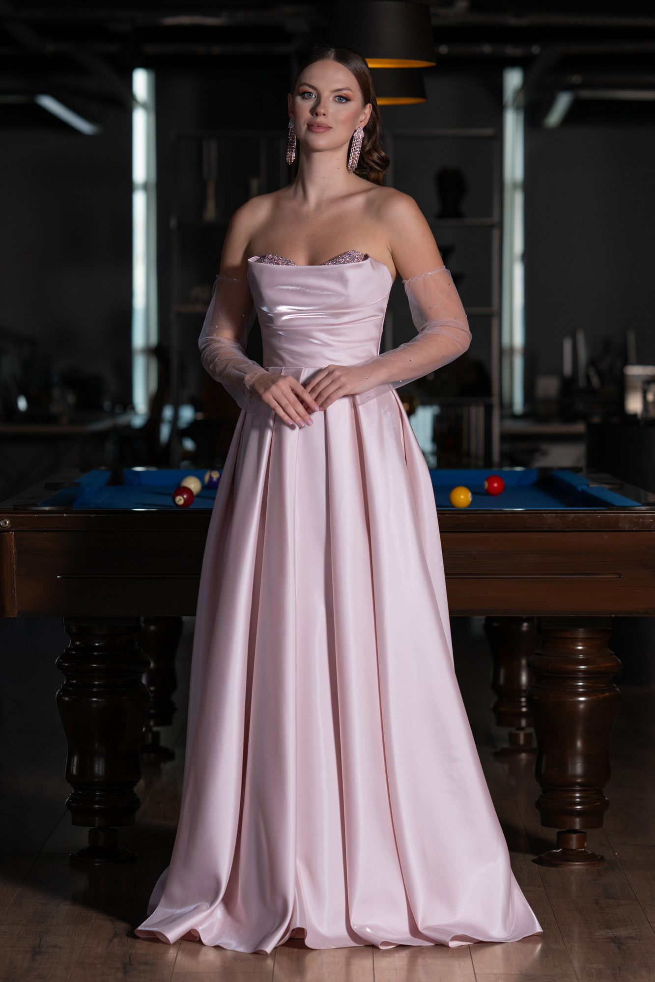 Powder Color Stoned Strapless Sleeve Accessory Long Taffeta Evening ...