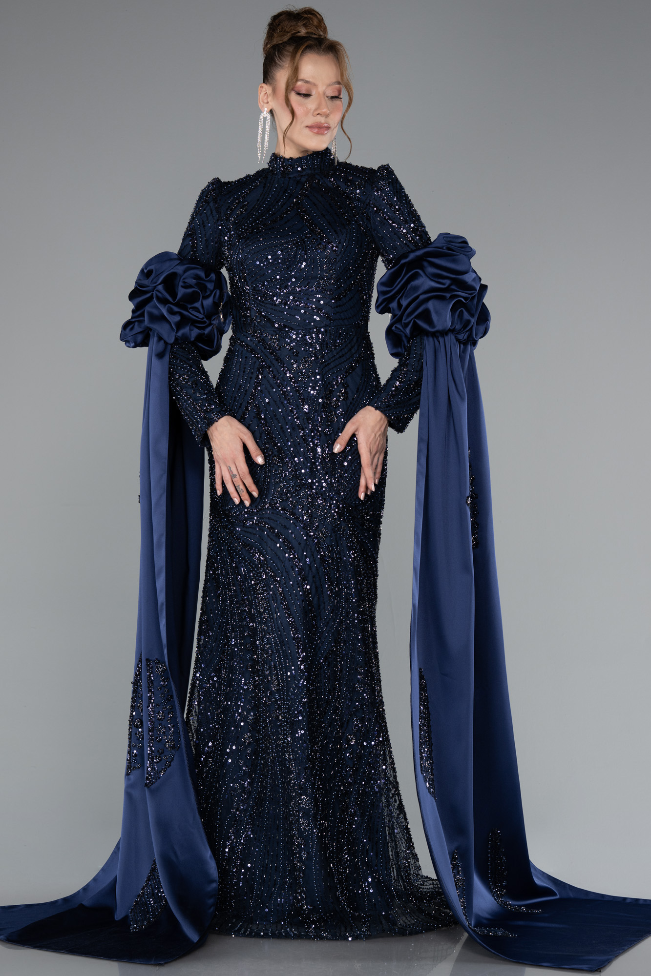 Long Navy Blue Beaded Plus Size Hijab Dress ABU4994 | Abiyefon.com