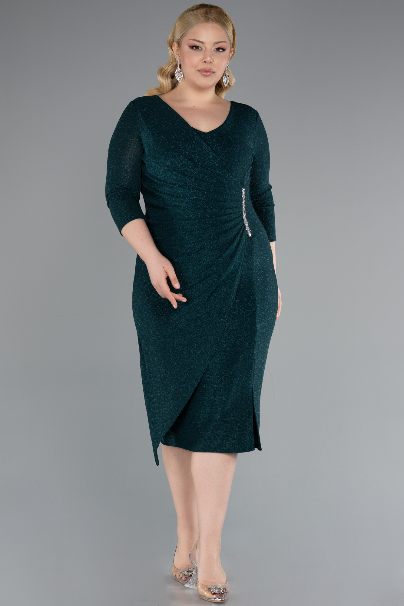 Emerald Green Capri Sleeve Midi Plus Size Evening Dress ABK1950 ...