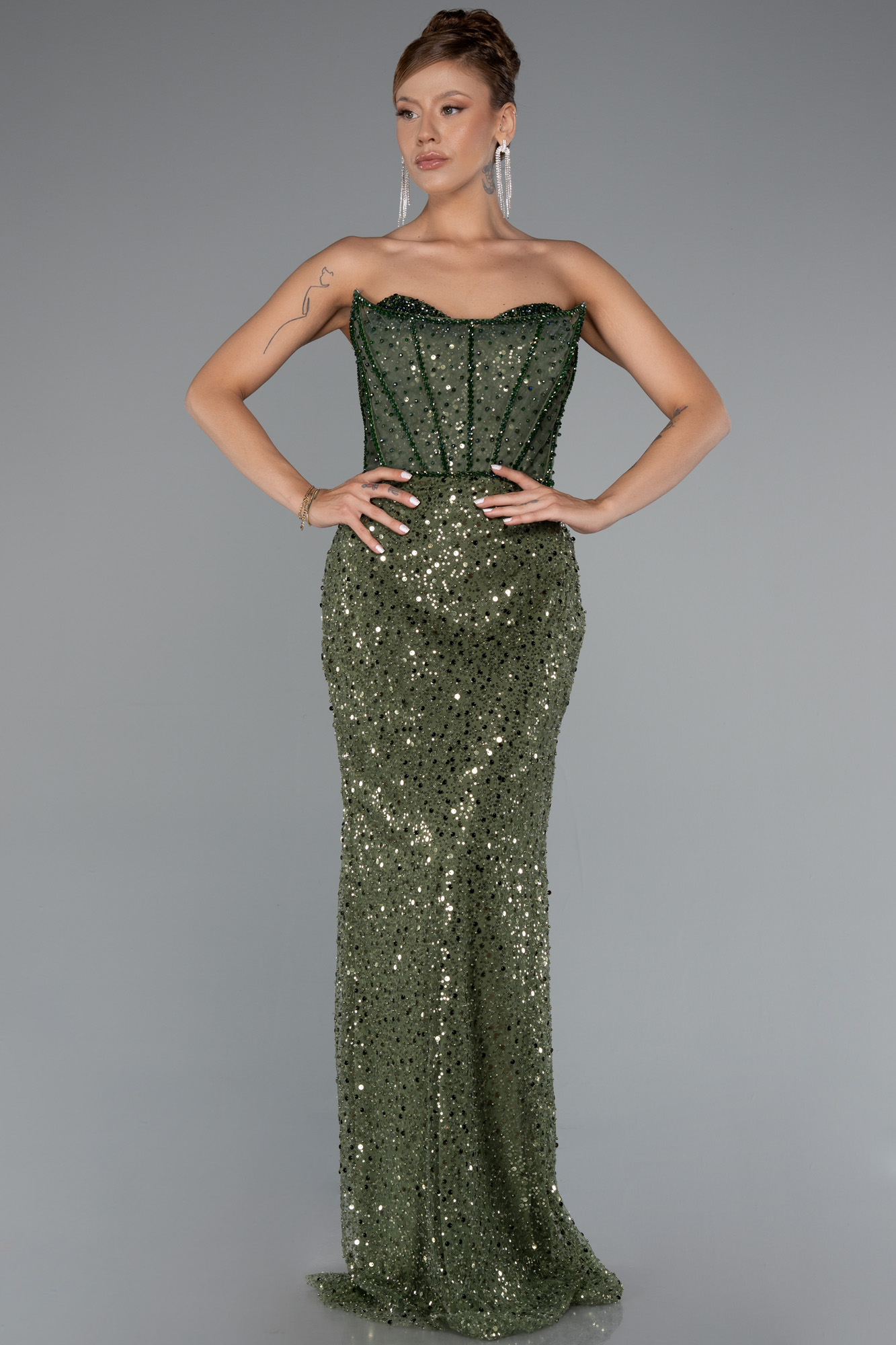 Long Olive Drab Scaly Evening Dress ABU5069 | Abiyefon.com