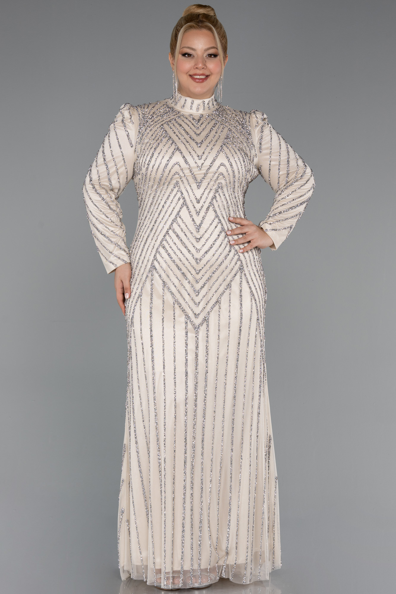 Long Beige Stony Plus Size Hijab Dress ABU5415 | Abiyefon.com