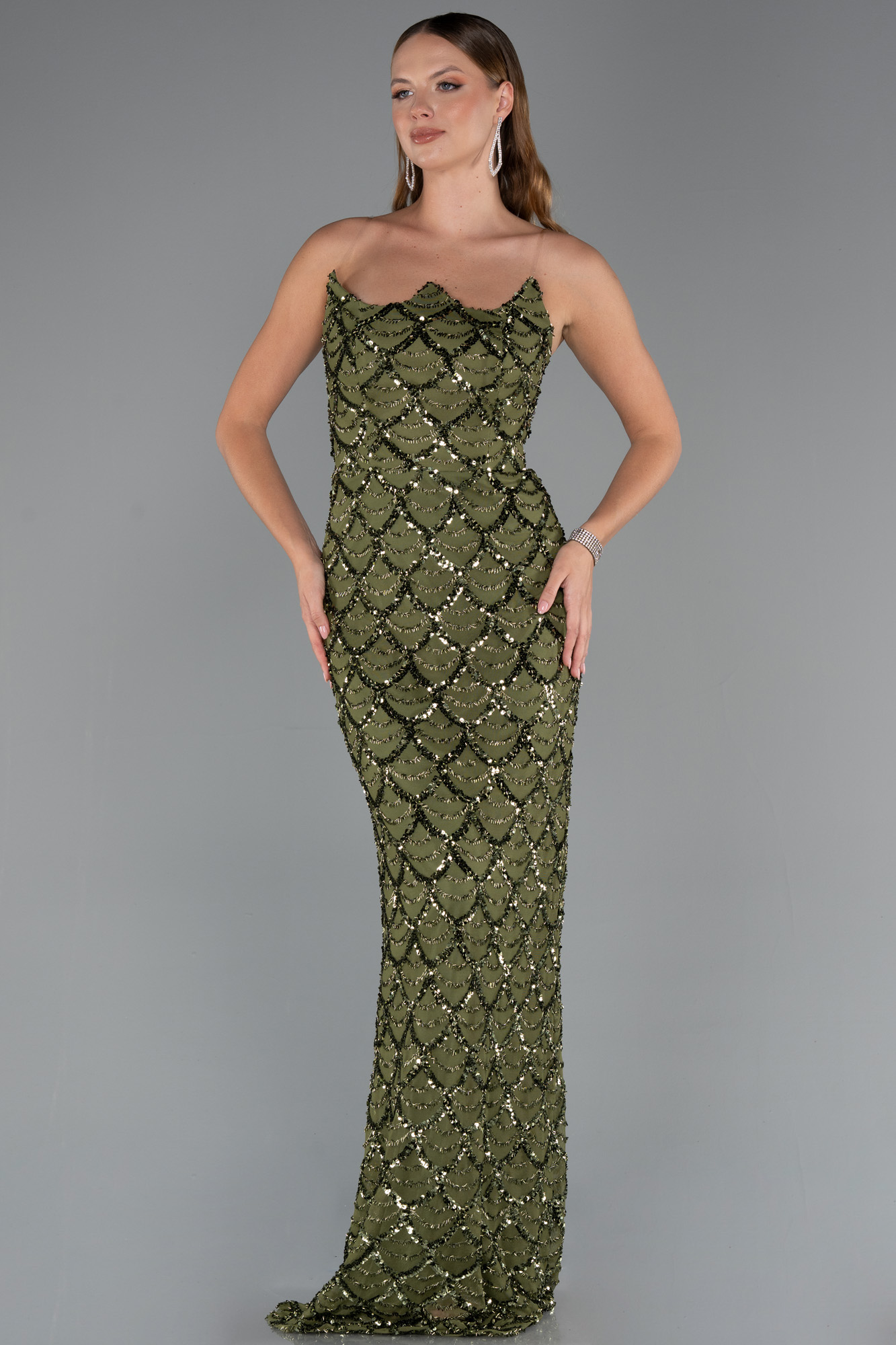 Long Olive Drab Scaly Evening Dress ABU5491 | Abiyefon.com